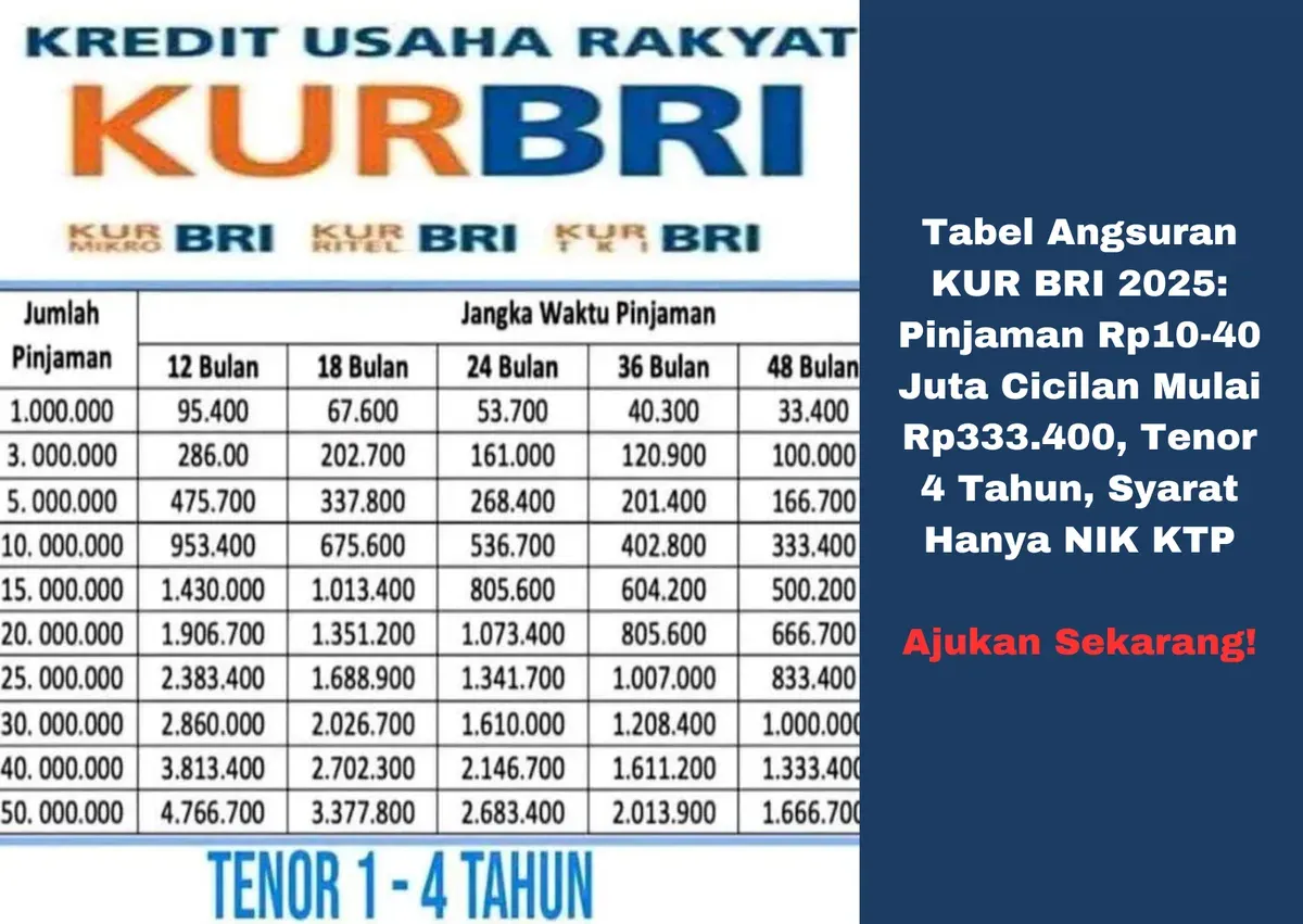Tabel Angsuran KUR BRI 2025: Pinjaman Rp10-40 Juta Cicilan Mulai Rp333.400, Tenor 4 Tahun ...